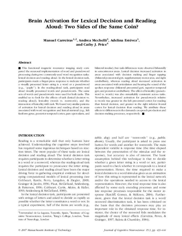 (PDF) Brain Activation for Lexical Decision and Reading Aloud: Two ...