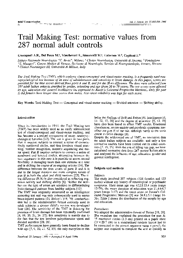 (PDF) Trail making test: normative values from 287 normal adult controls