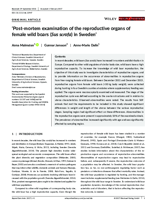 (PDF) Post-mortem examination of the reproductive organs of female wild boars (Sus scrofa) in Sweden
