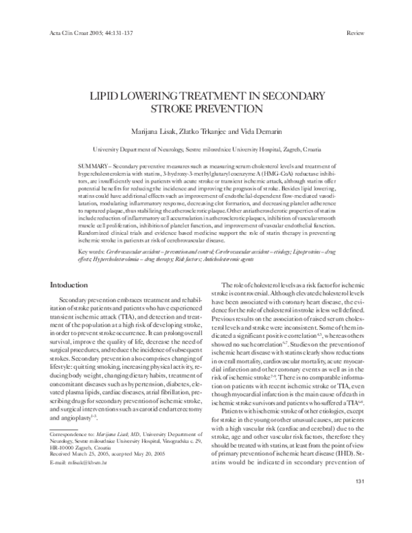 (PDF) Lipid lowering treatment in secondary stroke prevention ...