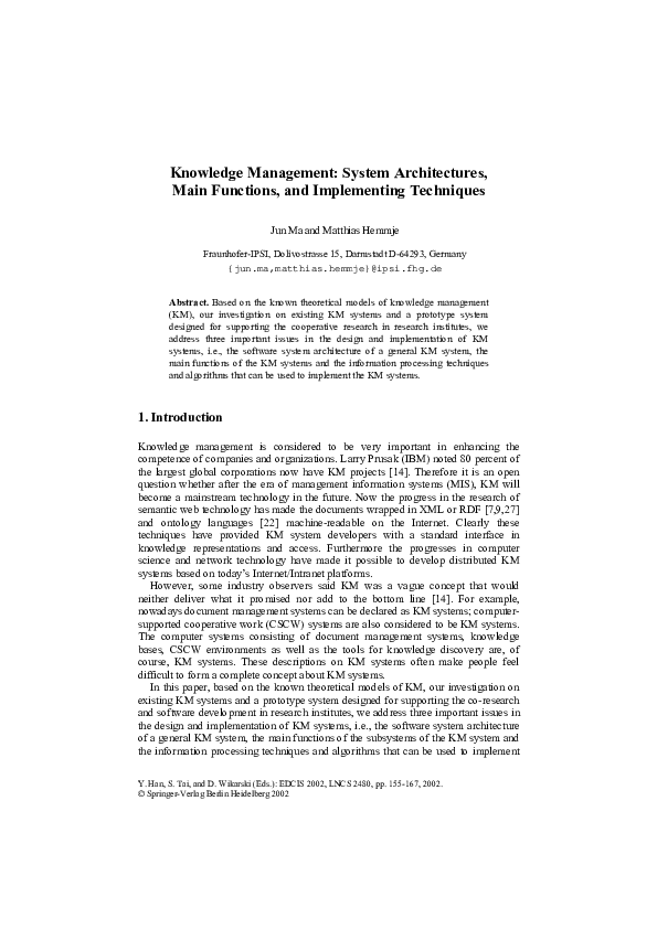 (PDF) Knowledge Management: System Architectures, Main Functions, and Implementing Techniques