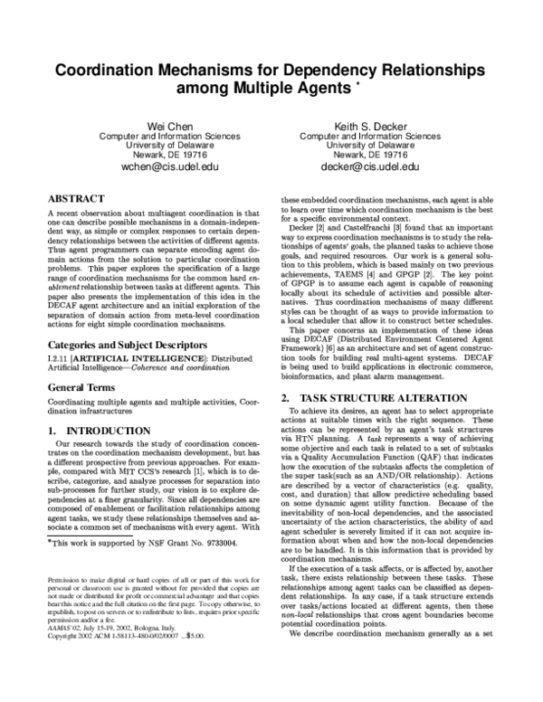 (PDF) Coordination mechanisms for dependency relationships among multiple agents