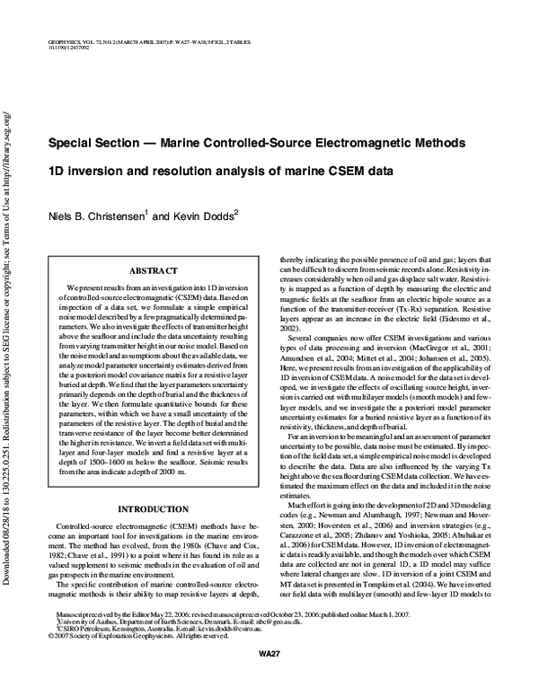 (PDF) Special Section — Marine Controlled-Source Electromagnetic Methods A Bayesian model for ...