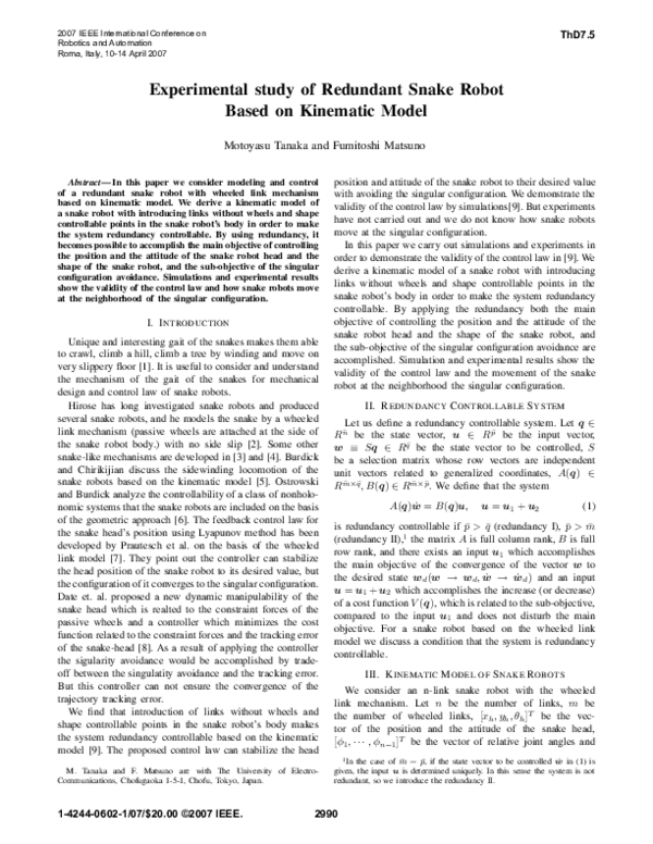 (PDF) Experimental study of Redundant Snake Robot Based on Kinematic Model | Motoyasu Tanaka ...