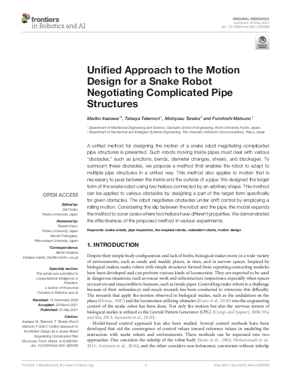 (PDF) Motion Design for Snake Robots in Complex Pipe Environments