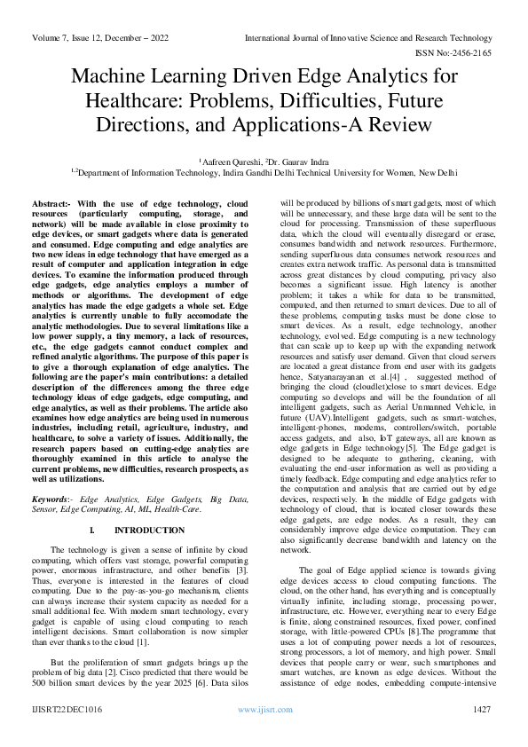 (PDF) Machine Learning Driven Edge Analytics for Healthcare: Problems, Difficulties, Future ...