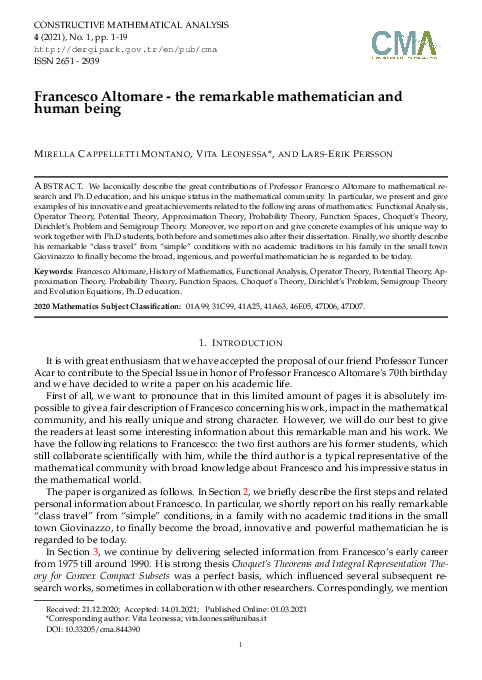 (PDF) Francesco Altomare - the remarkable mathematician and human being