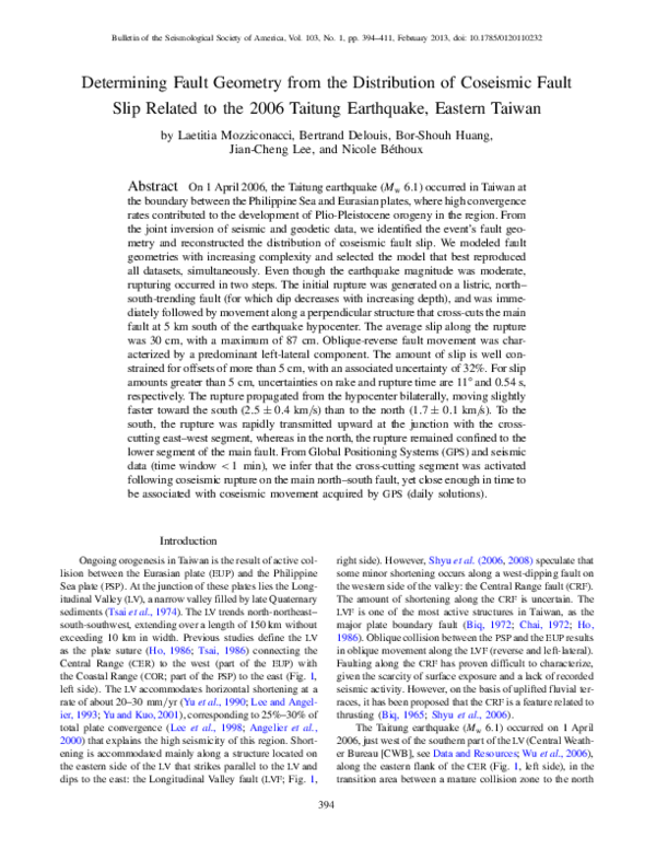 Pdf Determining Fault Geometry From The Distribution Of Coseismic Fault Slip Related To The