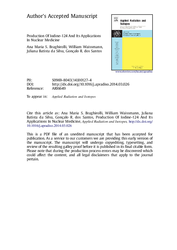 (PDF) Production of iodine-124 and its applications in nuclear medicine