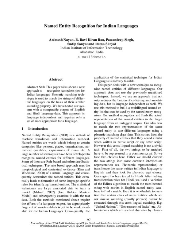 (PDF) Named entity recognition for Indian languages