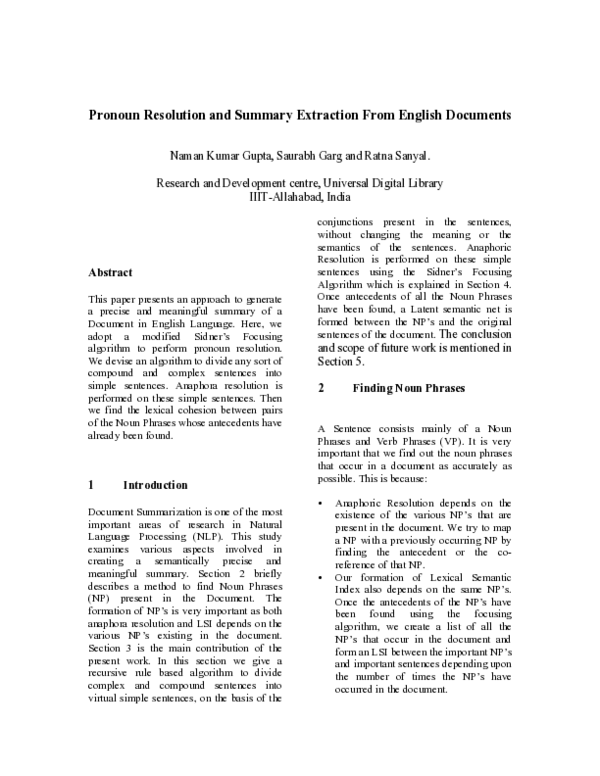 (PDF) Pronoun Resolution and Summary Extraction From English Documents