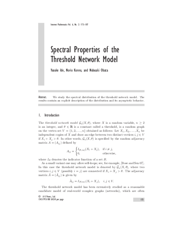 (PDF) Spectral Properties of the Threshold Network Model