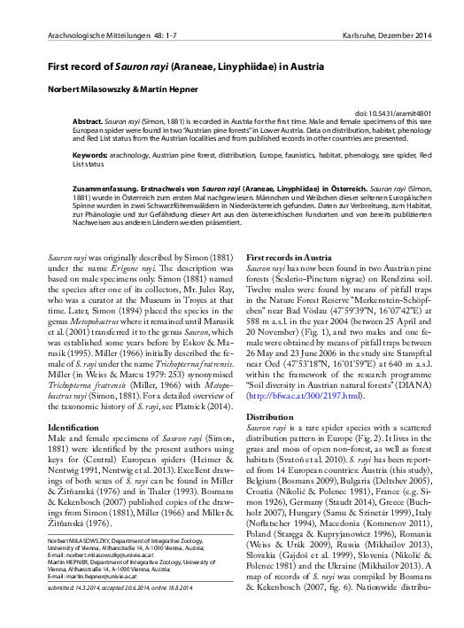 (PDF) First record of Sauron rayi (Araneae, Linyphiidae) in Austria