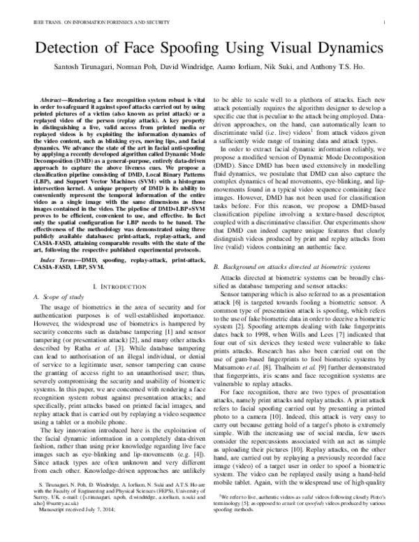 Pdf Detection Of Face Spoofing Using Visual Dynamics