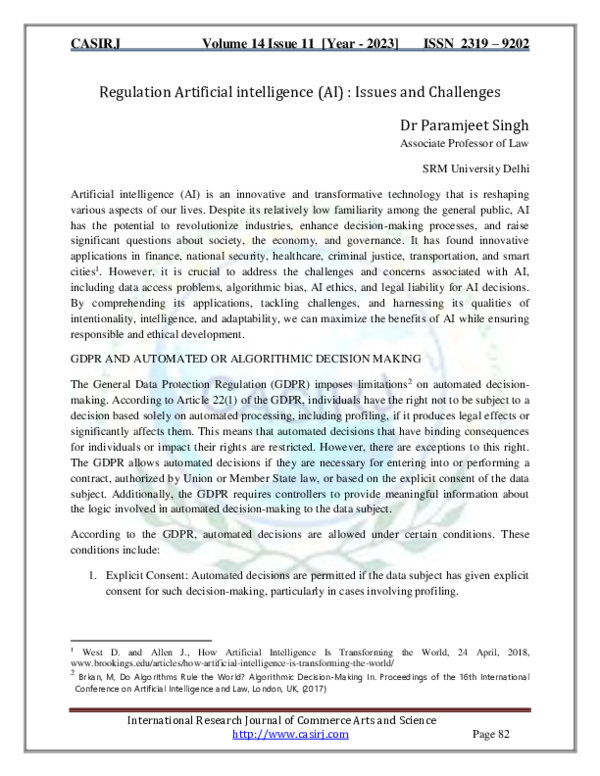 (PDF) Regulation Artificial intelligence (AI) : Issues and Challenges