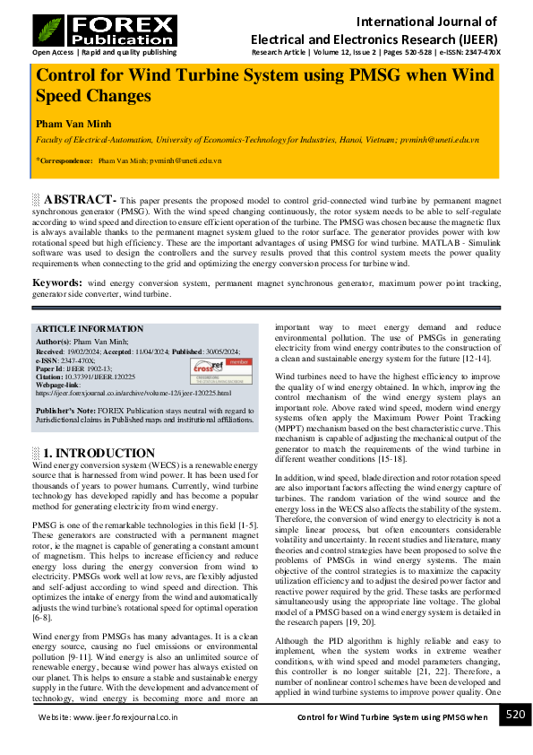 (PDF) Control for Wind Turbine System using PMSG when Wind Speed Changes