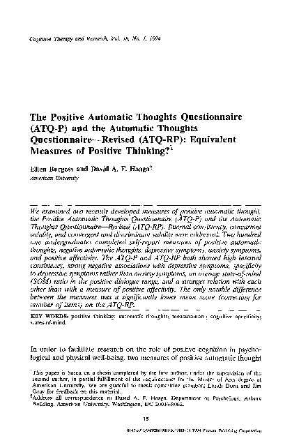 (PDF) The positive automatic thoughts questionnaire (ATQ-P) and the ...