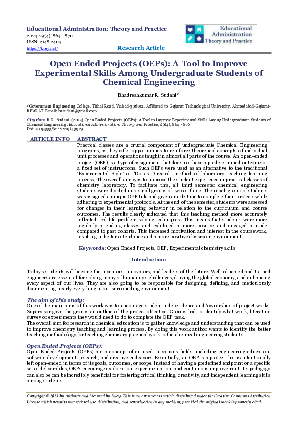 (PDF) Open Ended Projects (OEPs): A Tool to Improve Experimental Skills Among Undergraduate ...