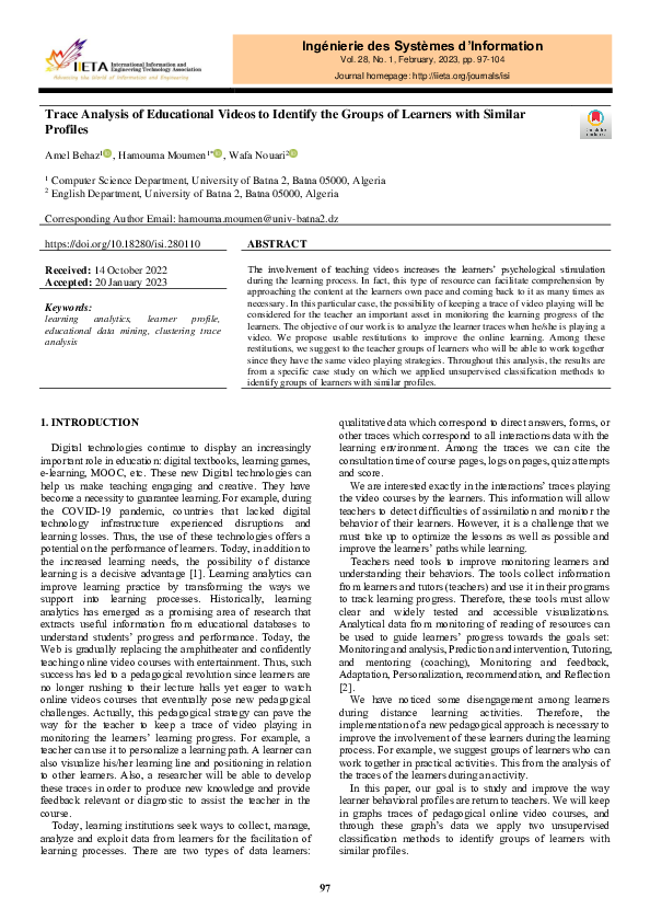 (PDF) Trace Analysis of Educational Videos to Identify the Groups of ...