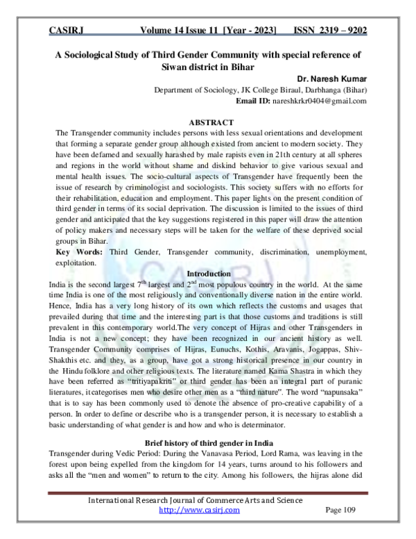 (PDF) A Sociological Study of Third Gender Community with special ...