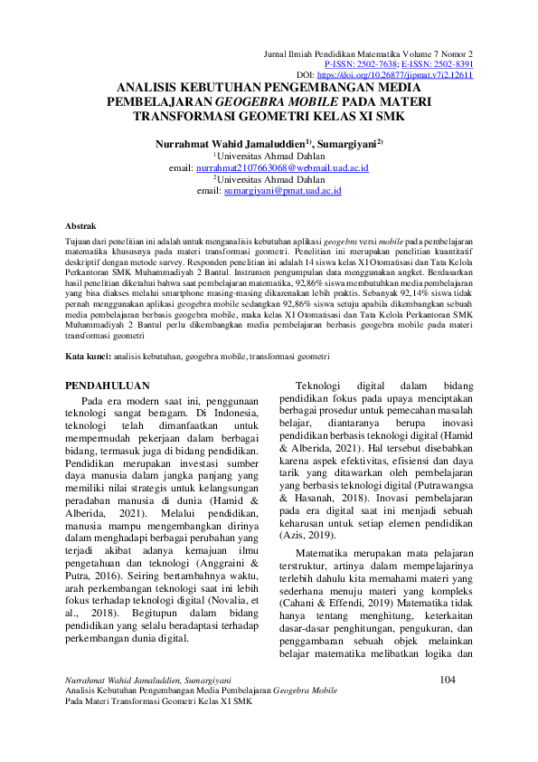 (PDF) Analisis Kebutuhan Pengembangan Media Pembelajaran Geogebra Mobile Pada Materi ...
