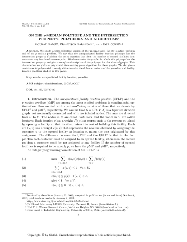 (PDF) On the p-Median Polytope and the Intersection Property: Polyhedra and Algorithms