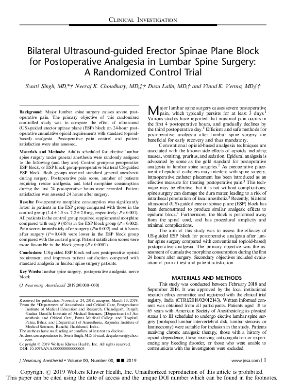 (PDF) Bilateral Ultrasound-guided Erector Spinae Plane Block for ...