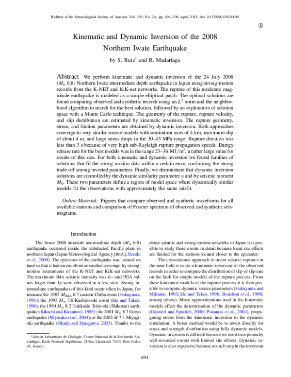 (PDF) Kinematic and Dynamic Inversion of the 2008 Northern Iwate Earthquake