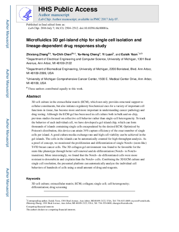(PDF) Microfluidics 3D gel-island chip for single cell isolation and ...