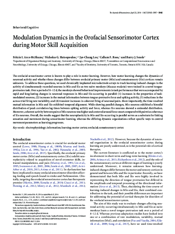 (PDF) Modulation Dynamics in the Orofacial Sensorimotor Cortex during Motor Skill Acquisition