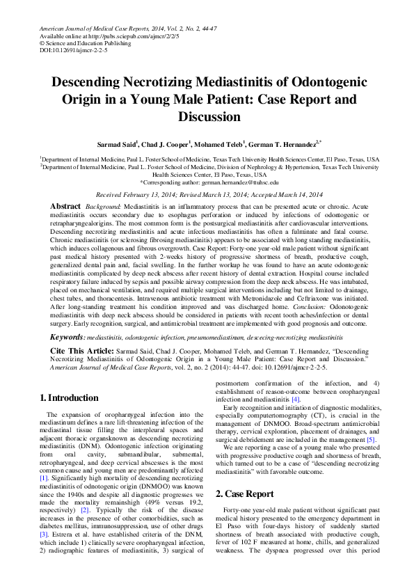 (PDF) Descending Necrotizing Mediastinitis of Odontogenic Origin - Personal Experience and ...