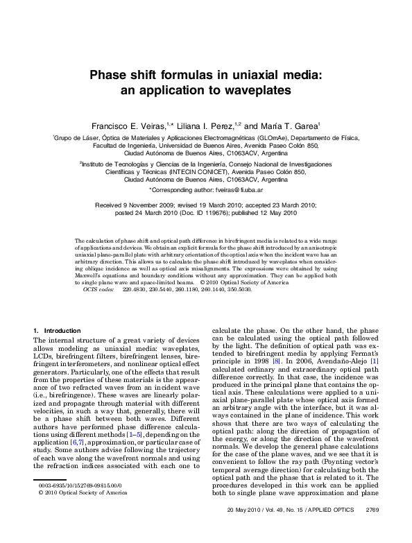 (PDF) Phase shift formulas in uniaxial media: an application to waveplates