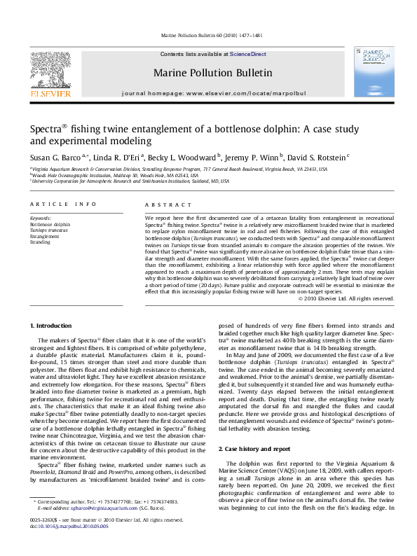 (PDF) Spectra® fishing twine entanglement of a bottlenose dolphin: A ...