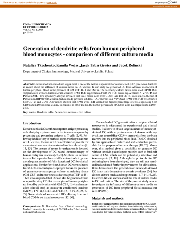 (PDF) Generation of dendritic cells from human peripheral blood ...