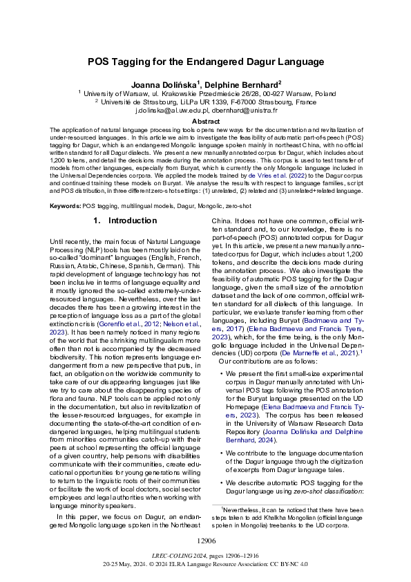 (PDF) POS Tagging for the Endangered Dagur Language
