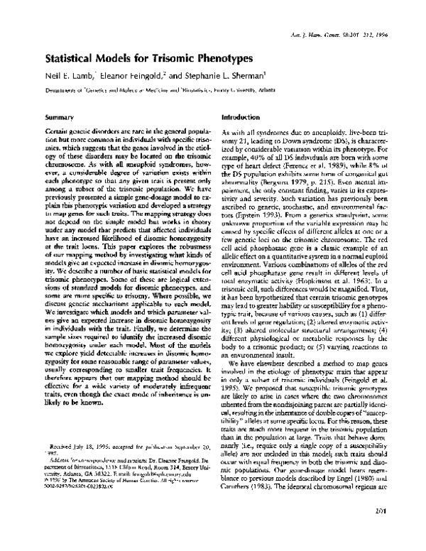 (PDF) Statistical models for trisomic phenotypes