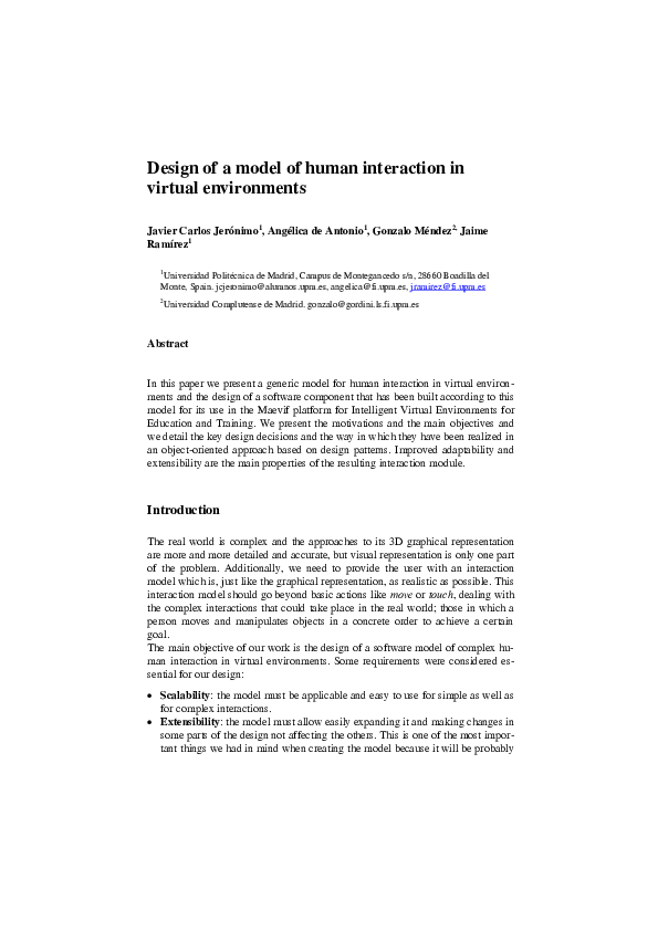 (PDF) Design of a Model of Human Interaction in Virtual Environments
