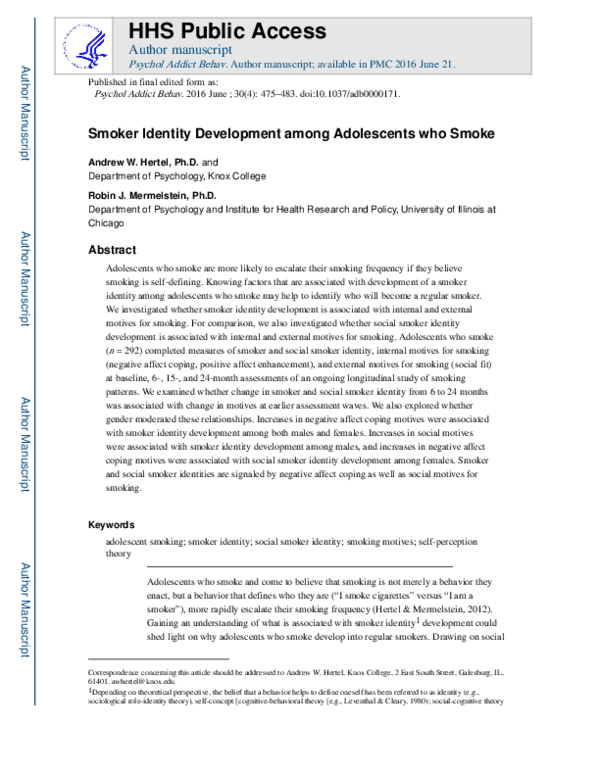 (PDF) Smoker identity development among adolescents who smoke | Robin ...