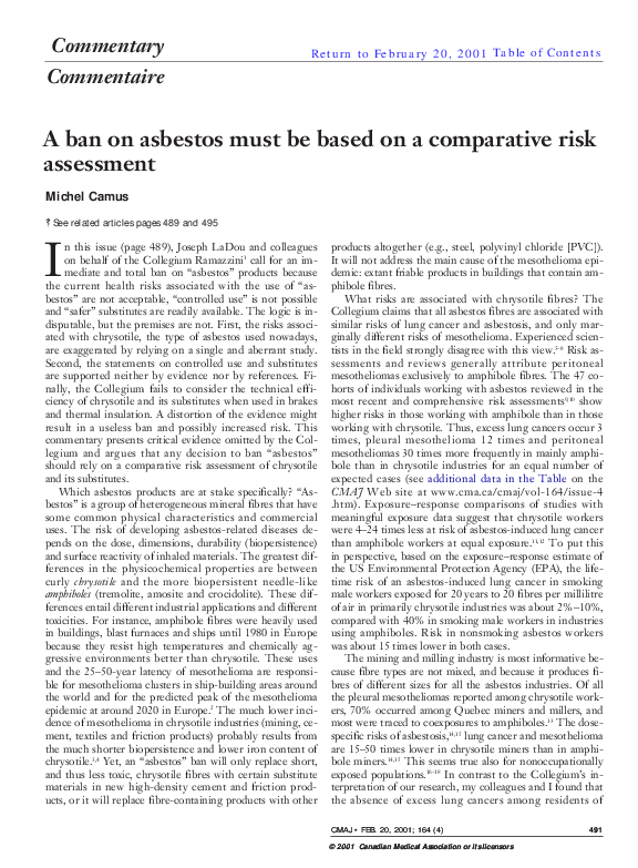 (PDF) A ban on asbestos must be based on a comparative risk assessment