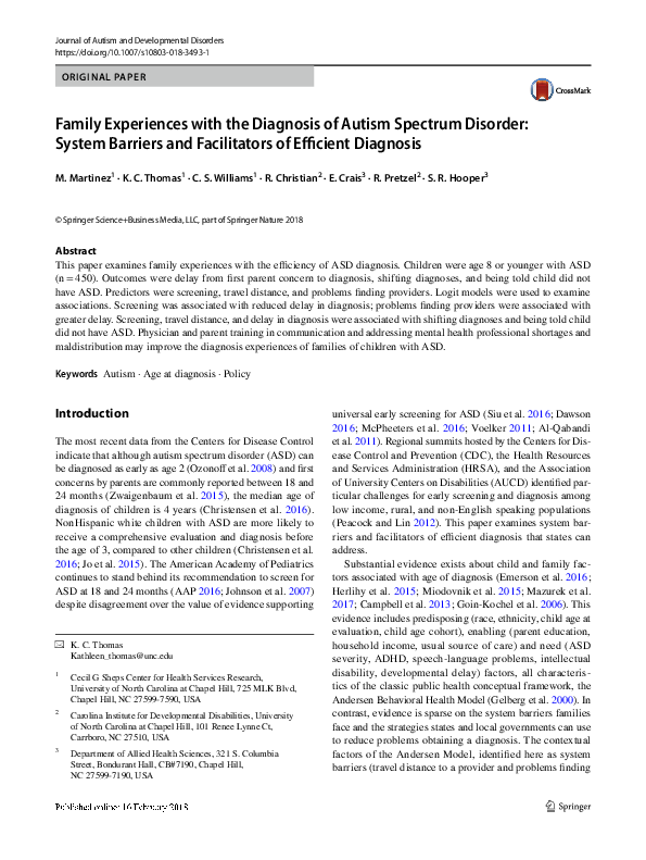 (PDF) Family Experiences with the Diagnosis of Autism Spectrum Disorder: System Barriers and ...