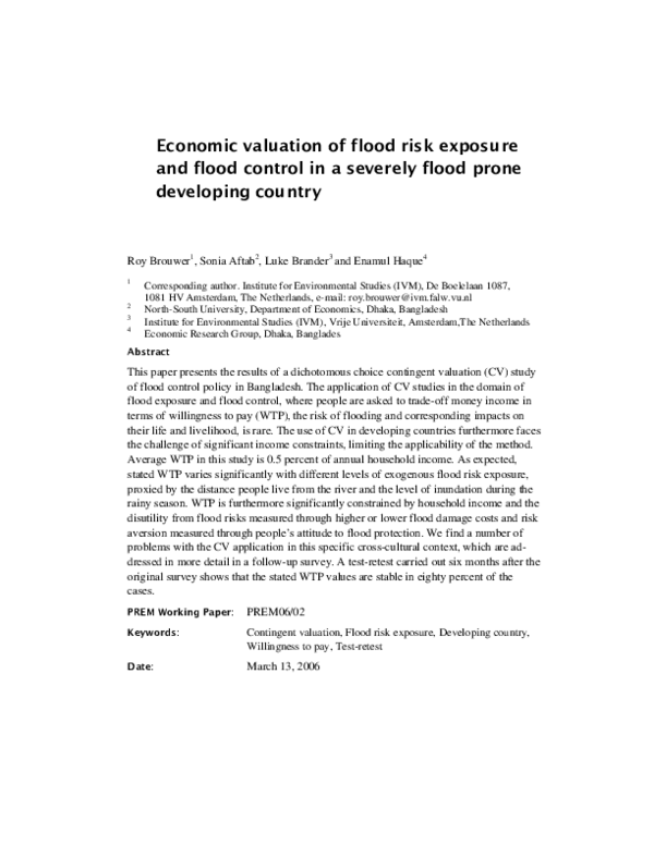 (PDF) Economic valuation of flood risk exposure and reduction in a ...