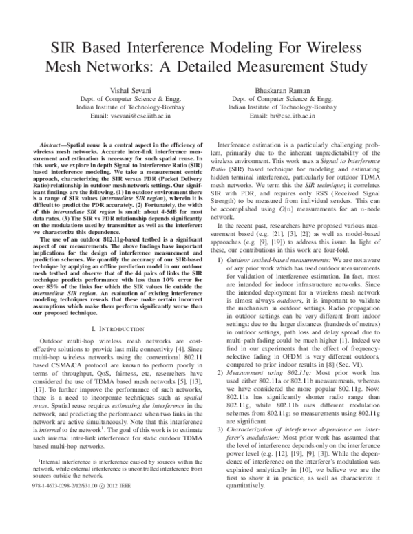 (PDF) SIR based interference modeling for wireless mesh networks: A detailed measurement study