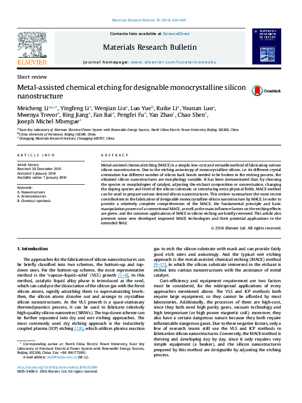 (PDF) Metal-assisted chemical etching for designable monocrystalline ...
