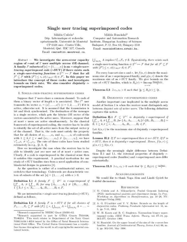 (PDF) Single user tracing superimposed codes