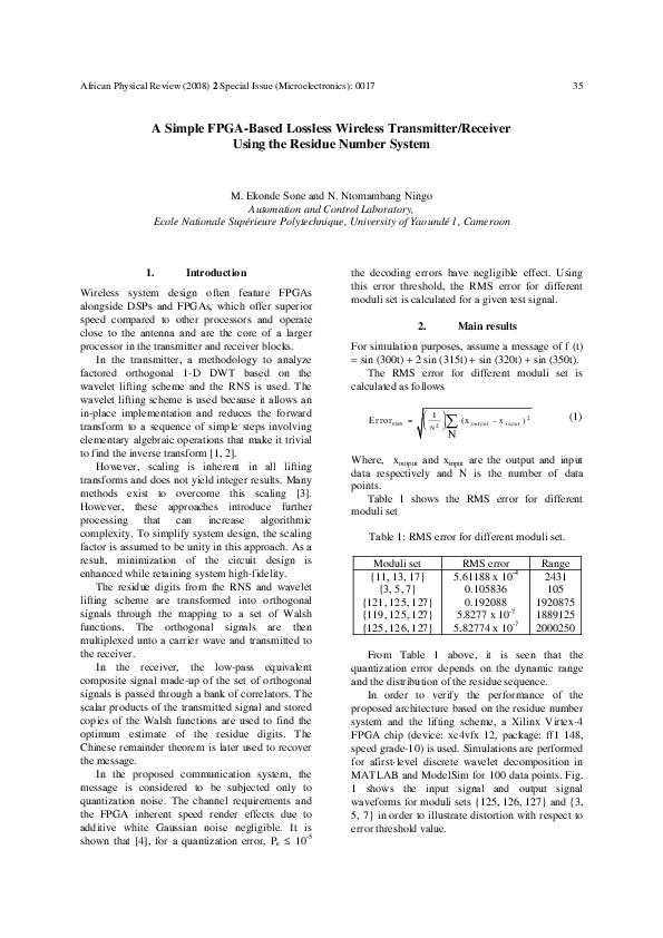 (PDF) A Simple Fpga-Based Lossless Wireless Transmitter/Receiver Using the Residue Number System