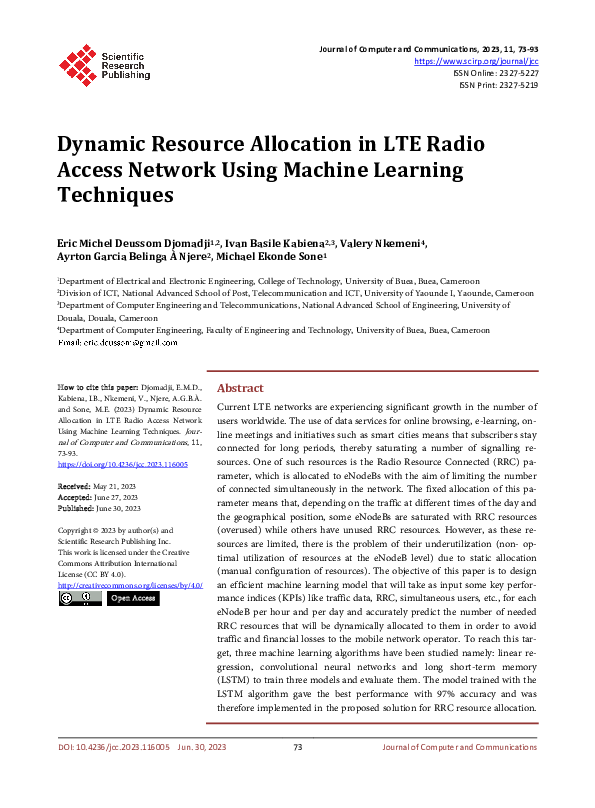 Pdf Dynamic Resource Allocation In Lte Radio Access Network Using Machine Learning Techniques