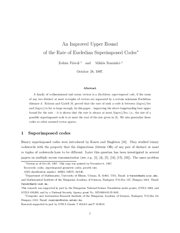 (PDF) An improved upper bound of the rate of Euclidean superimposed codes