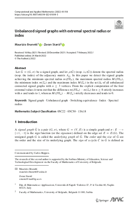 (PDF) Unbalanced signed graphs with extremal spectral radius or index