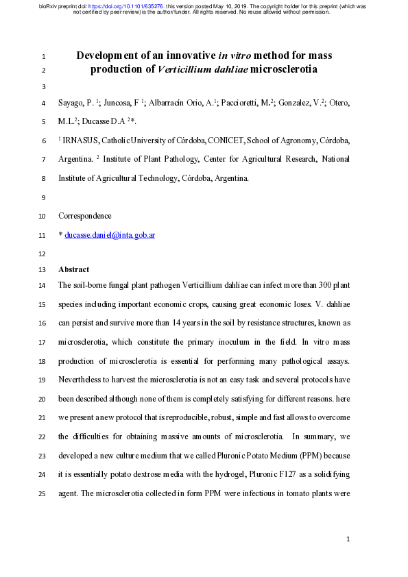 (PDF) Development of an innovative in vitro method for mass production of Verticillium dahliae ...