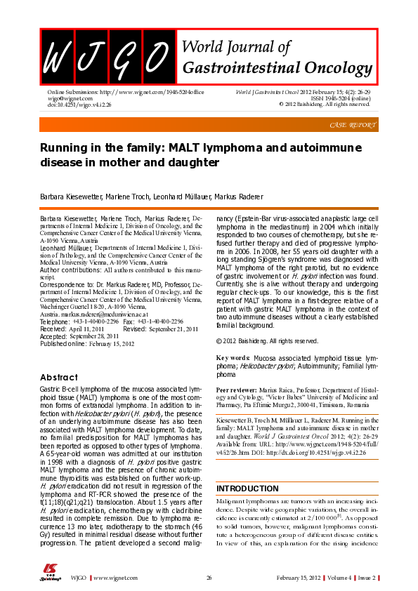 (PDF) Running in the family: MALT lymphoma and autoimmune disease in ...